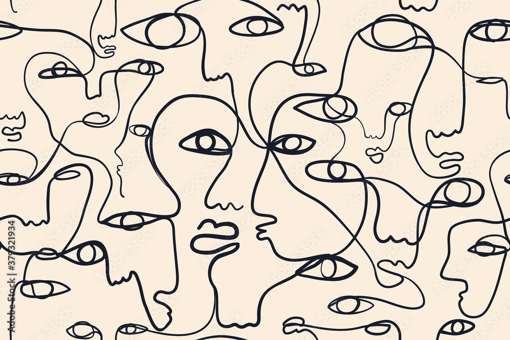Continuous line, drawing of faces, fashion minimalist concept, vector ...