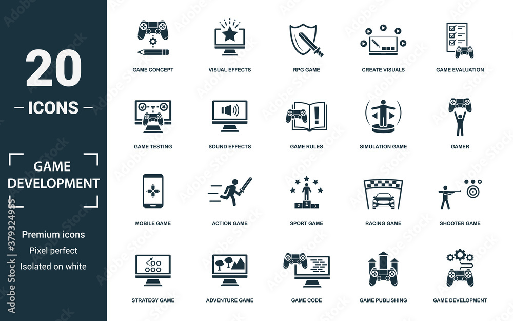 Game Development icon set. Monochrome sign collection with game concept ...
