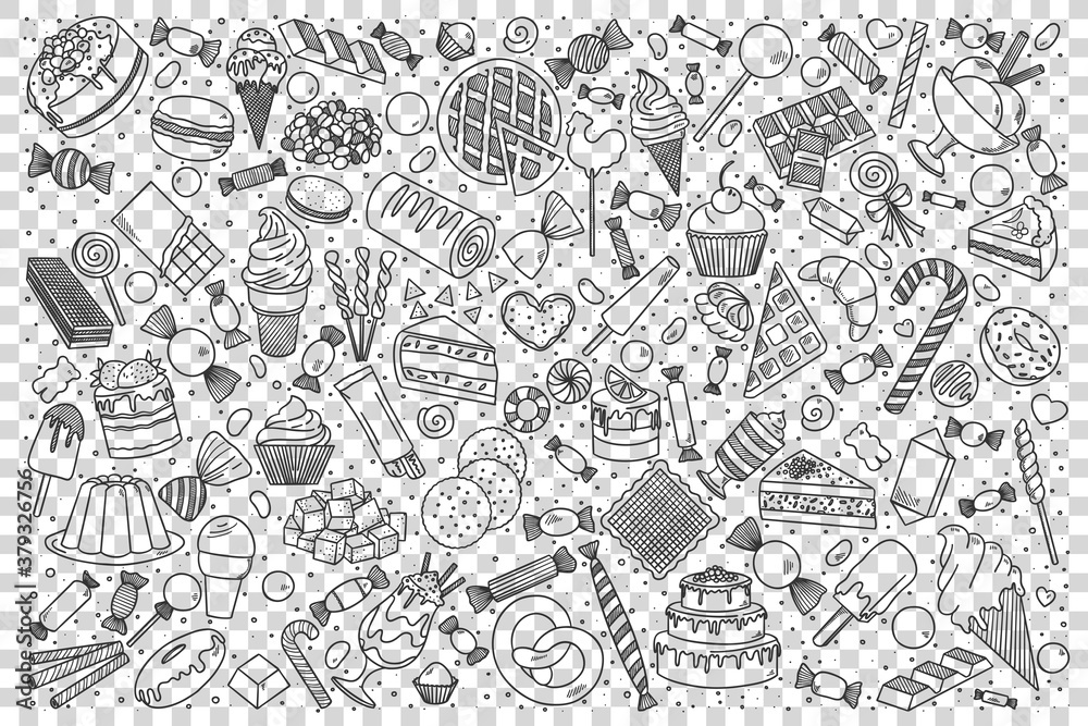 Sweets doodle set. Collection of hand drawn sketches templates of ...
