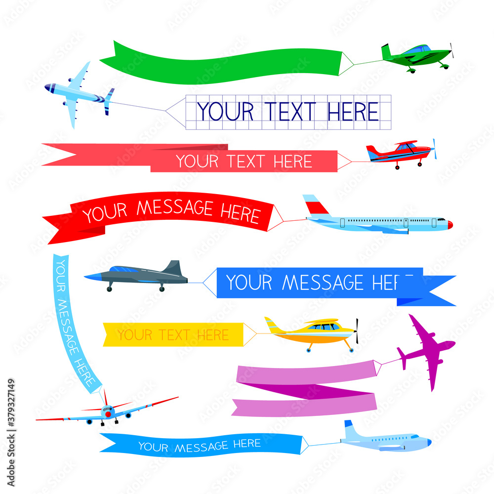 Set of Planes with Banners. Airplanes or Aircraft with Blank Message ...