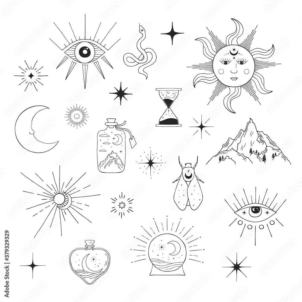 Hand drawn mystic doodle. Stars, snake, moth, esoteric icons, half moon ...