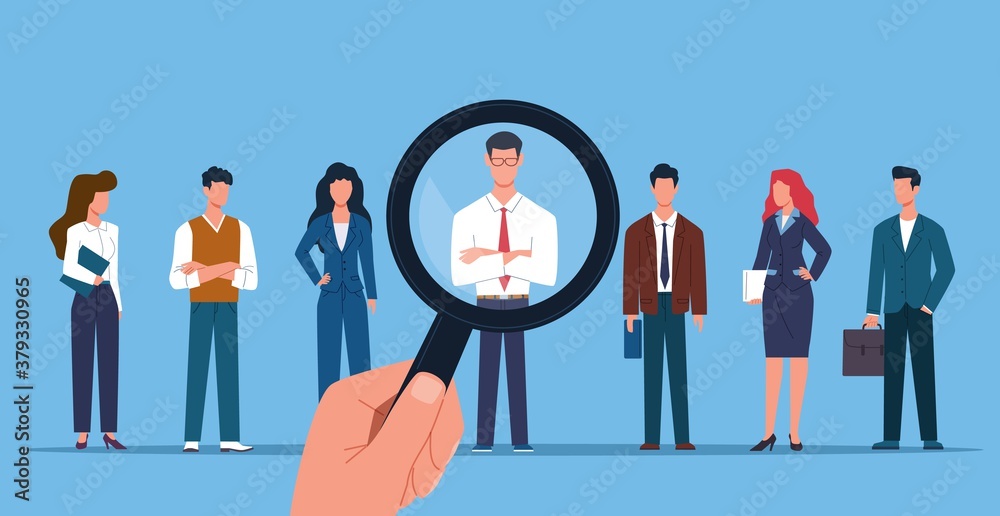 Human resource. Hand with magnifying glass chooses candidate from group ...