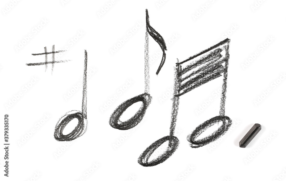 Graphite stick with musical notes hatching, sketching isolated on white ...
