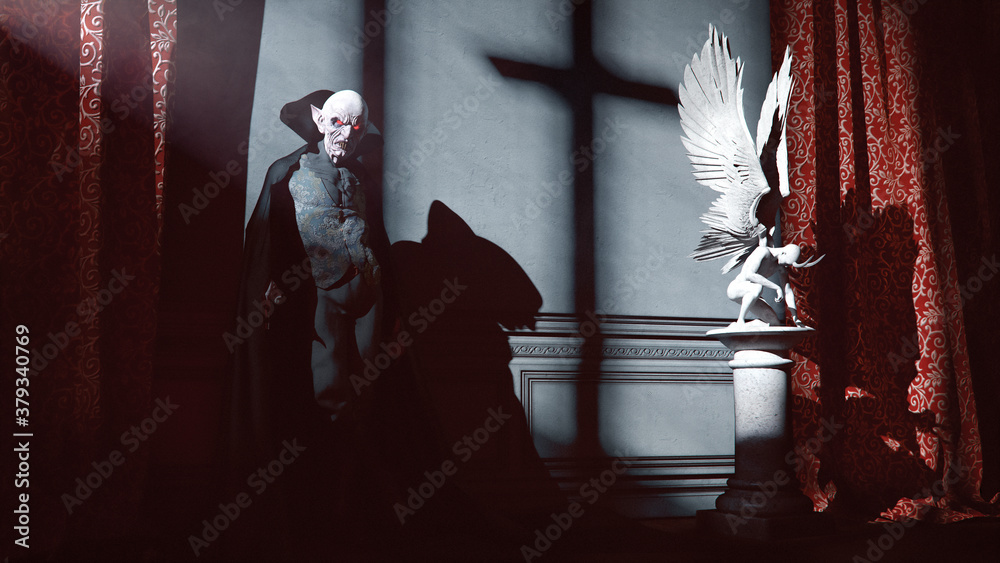 Count Dracula standing near a devil statue on moonlight and shadows in ...