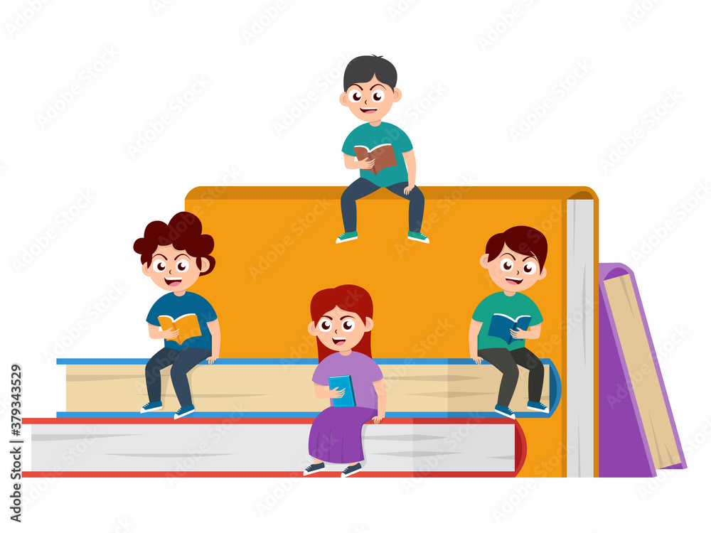 kids sitting reading a book on a pile of books, set of boys and girl ...