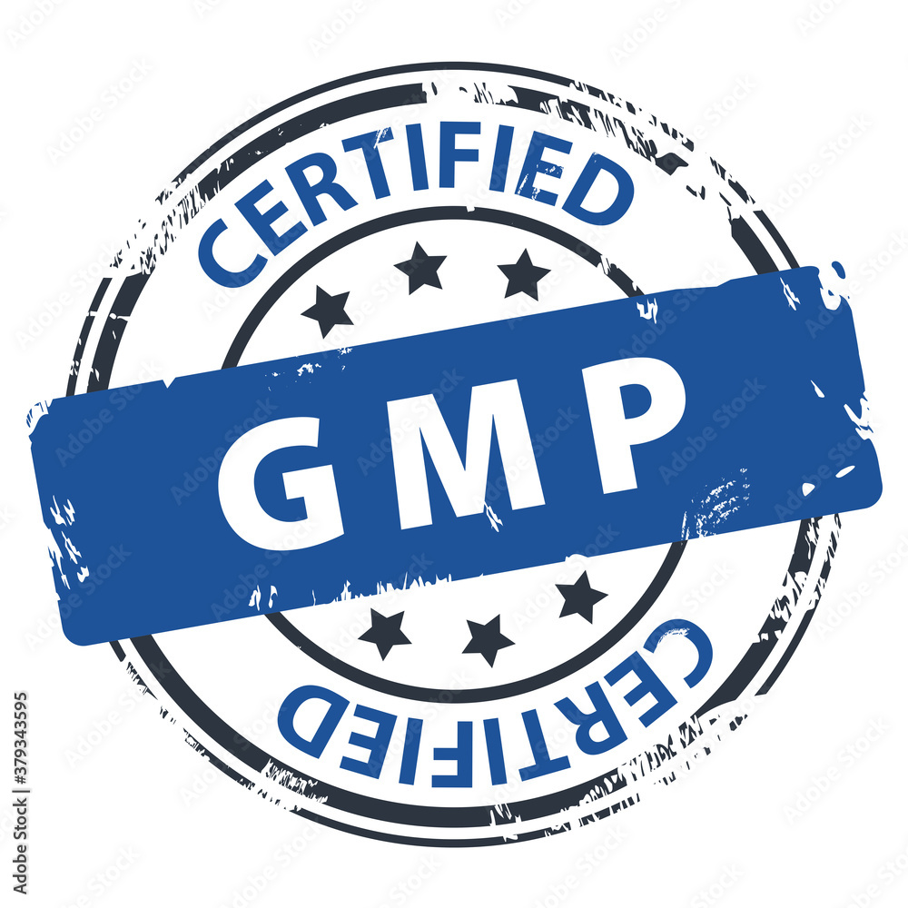 GMP Good Manufacturing Practice Certified text in round rubber stamp ...