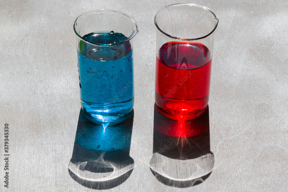 Matrix film choice colors in laboratory glassware with red and blue ...