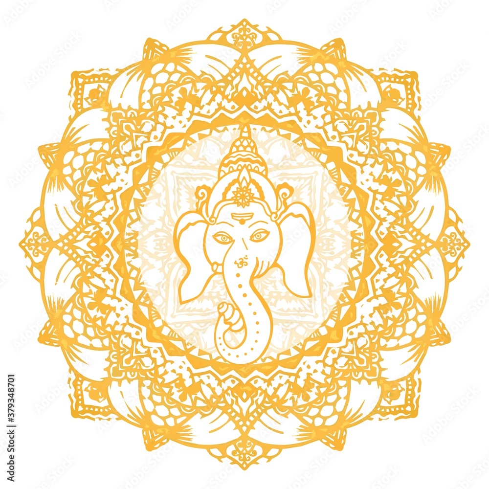 Vector illustration of a golden mandala. The head of the Hindu god ...