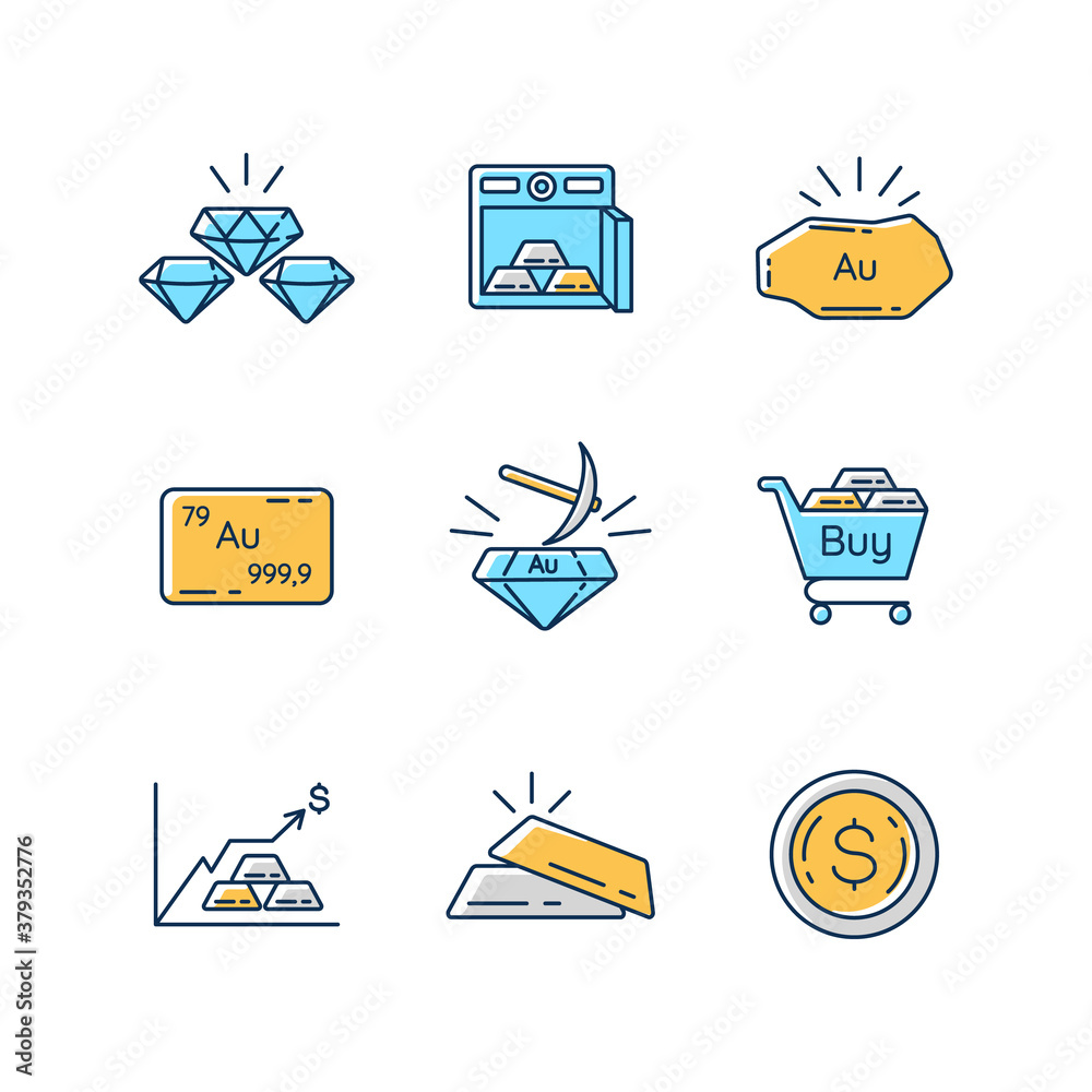 Precious metals RGB color icons set. Platinum and silver bars in safe ...