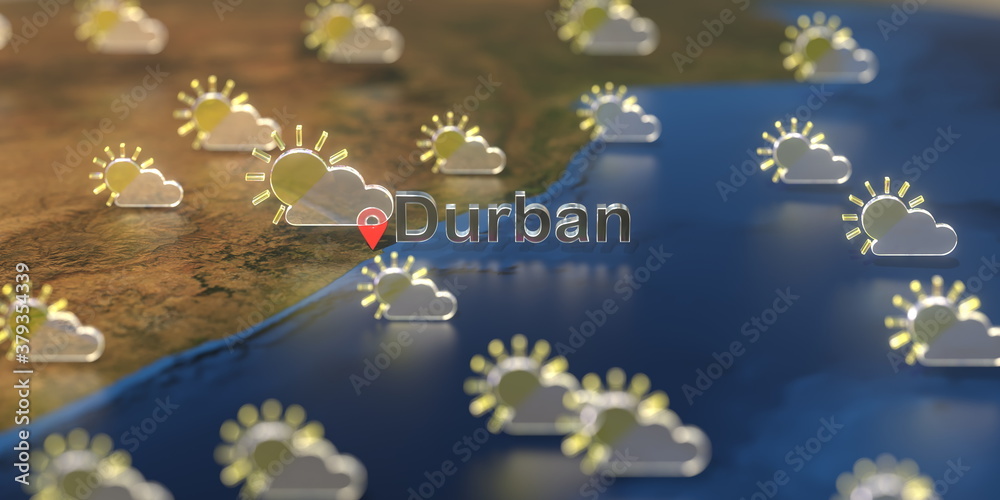 Partly cloudy weather icons near Durban city on the map, weather ...