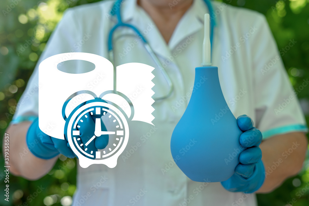 Doctor hold enema and touch toilet paper with alarm clock virtual icon ...
