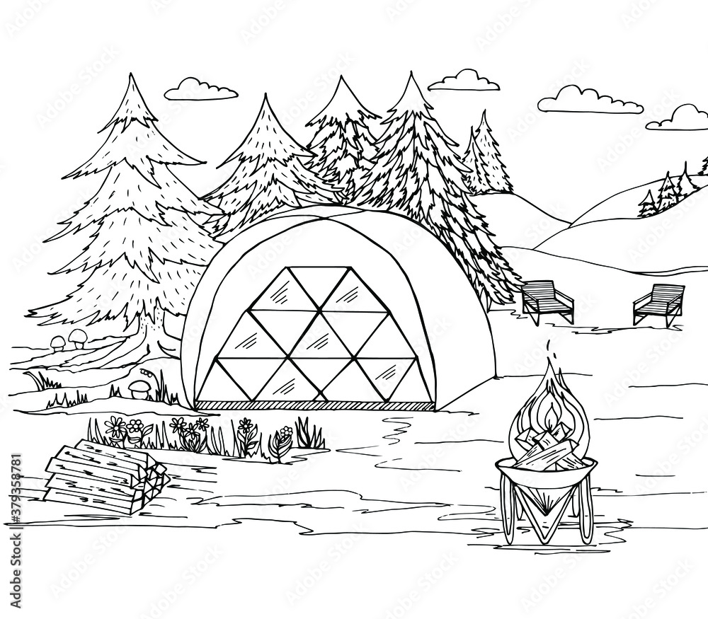 Coloring book camping with a tent, fire, wood, sun beds, trees in the ...