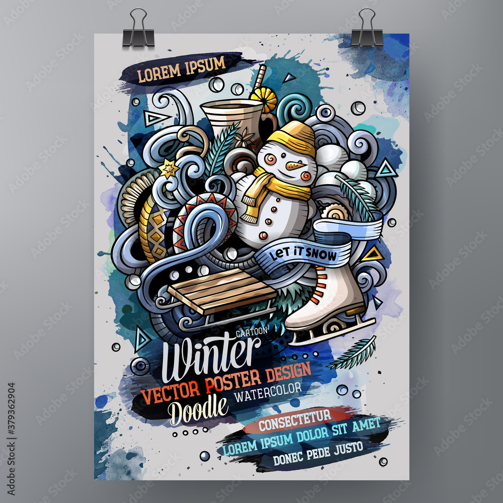 Cartoon watercolor doodles Winter poster Stock Vector | Adobe Stock