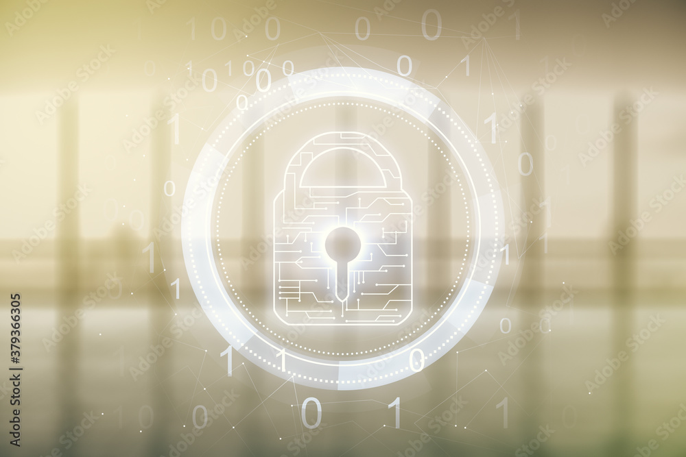 Virtual creative lock symbol and microcircuit illustration on empty ...