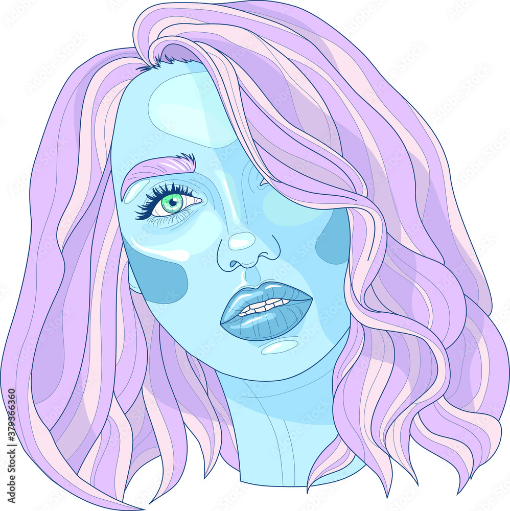 Realistic cartoon girl with pastel pink hair and blue skin character ...