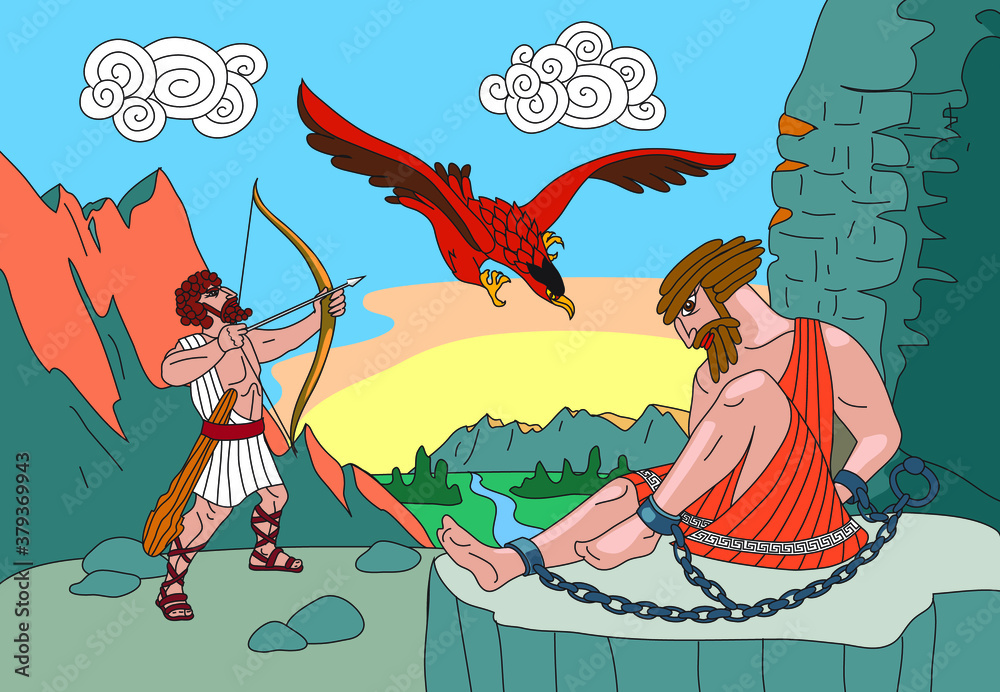 Hercules kills an eagle that bites the liver of Prometheus chained to a ...