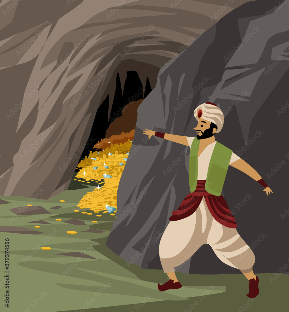 Vecteur Stock ali baba and the hidden treasure inside a cave tale ...