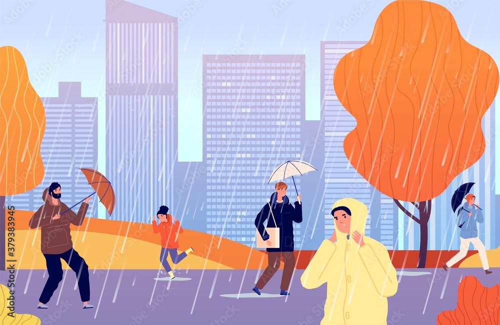 Autumn people on rain. Person with umbrella, girl walk raining city ...