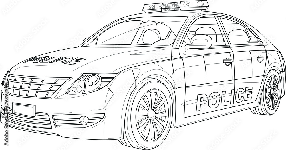 Police car realistic sketch template. Cartoon vector illustration in ...