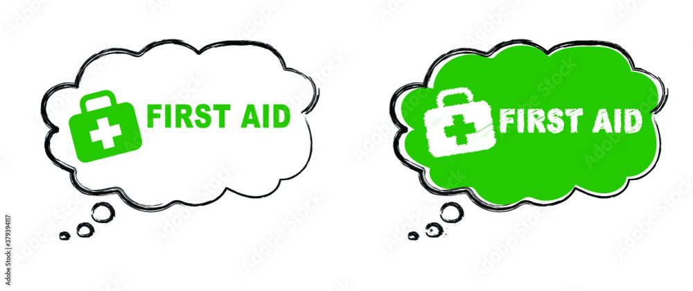 Emergency defibrillator AED AID CPR location signs Stop safety first ...