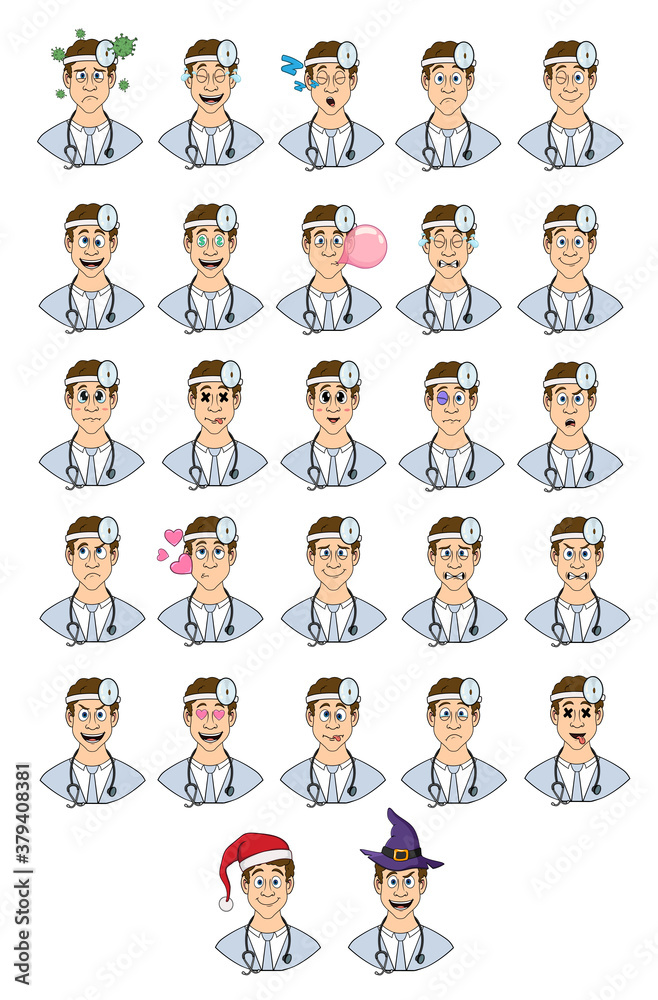 cartoon doctors with different emotions. large set of isolated emoji on ...