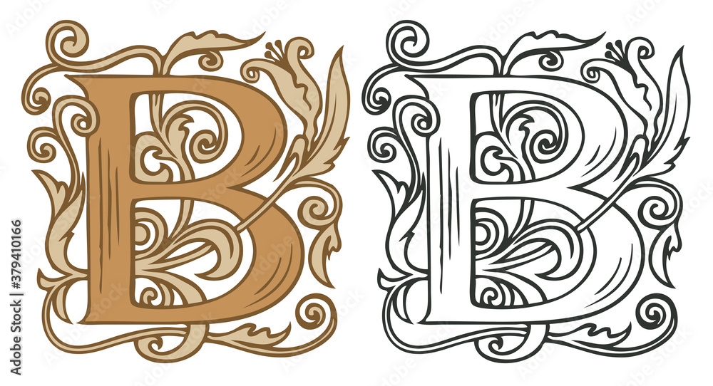 Initial letter B with vintage Baroque decorations. Two vector uppercase ...