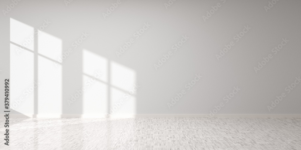 Empty room with blank black wall with window shadow and white hardwood ...