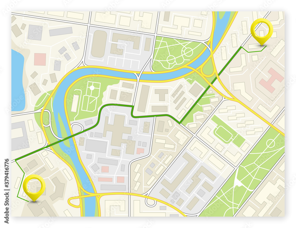 City map navigation delivery route, color check point markers design ...