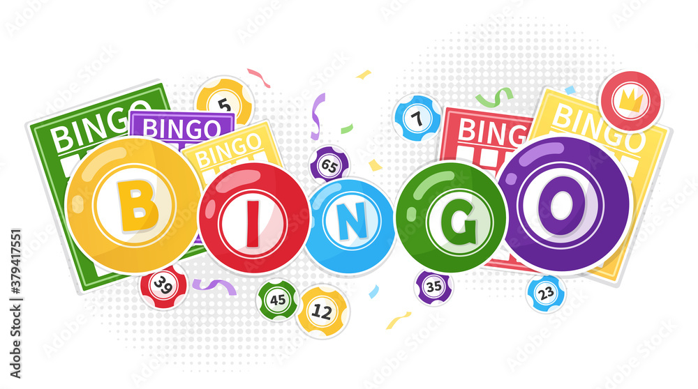Colorful bingo game concept with balls, number tags or tiles and cards ...