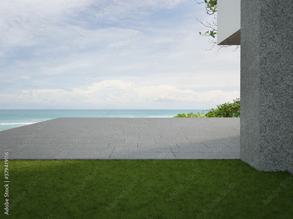 Empty outdoor concrete floor terrace and green grass garden in modern ...