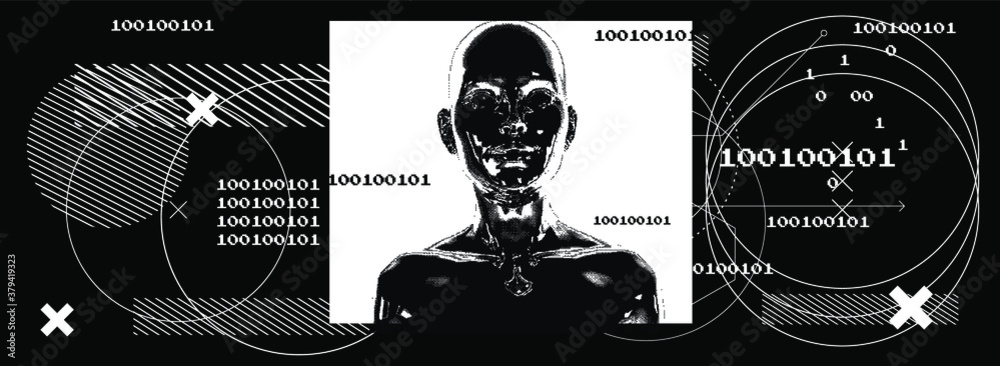 Abstract technology background with binary code and human silhouette ...