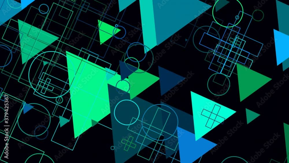 Animation with various geometrical shapes that rotates and moves around ...