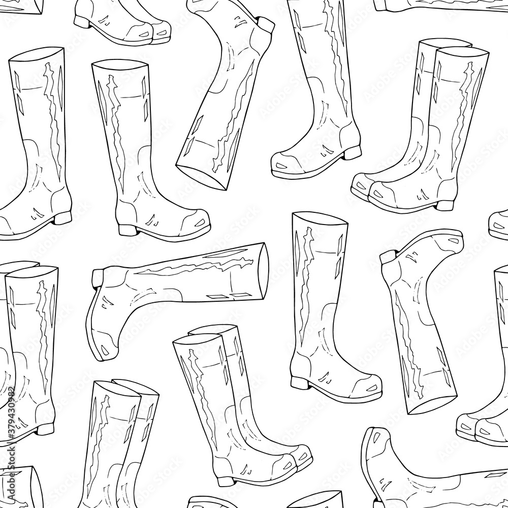 Seamless pattern from outline rubber boots on a white background. Hand ...