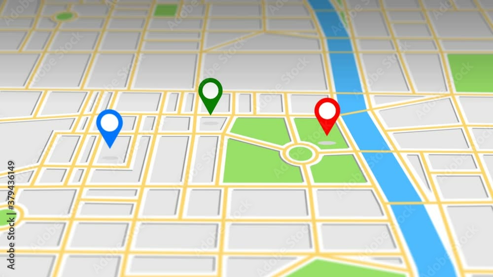 Navigation map with checkpoint icons. Traveling city concept. Animation ...