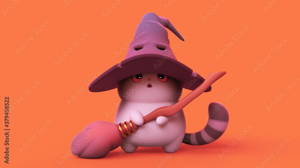 Surprised kawaii wizard cat in a big witch's purple hat with a broom in ...