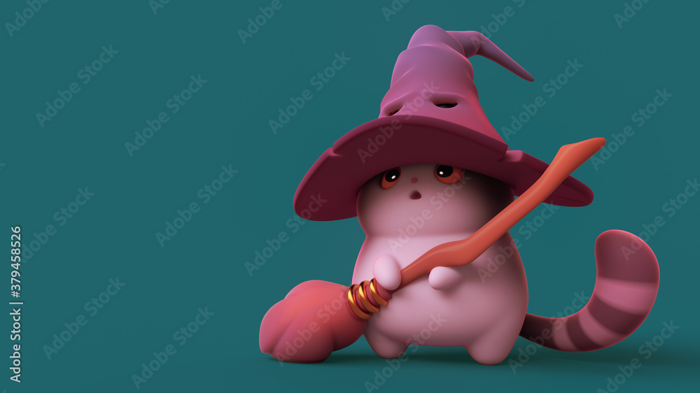 Surprised kawaii wizard cat in a big witch's purple hat with broom in ...