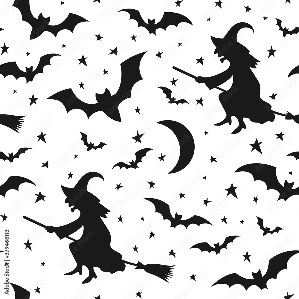 Halloween seamless pattern with black witch and bats on white ...