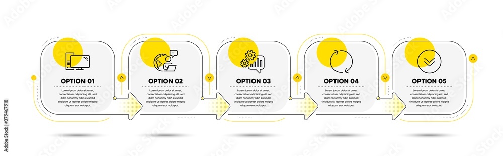 Computer, Cogwheel and Refresh line icons set. Timeline process ...