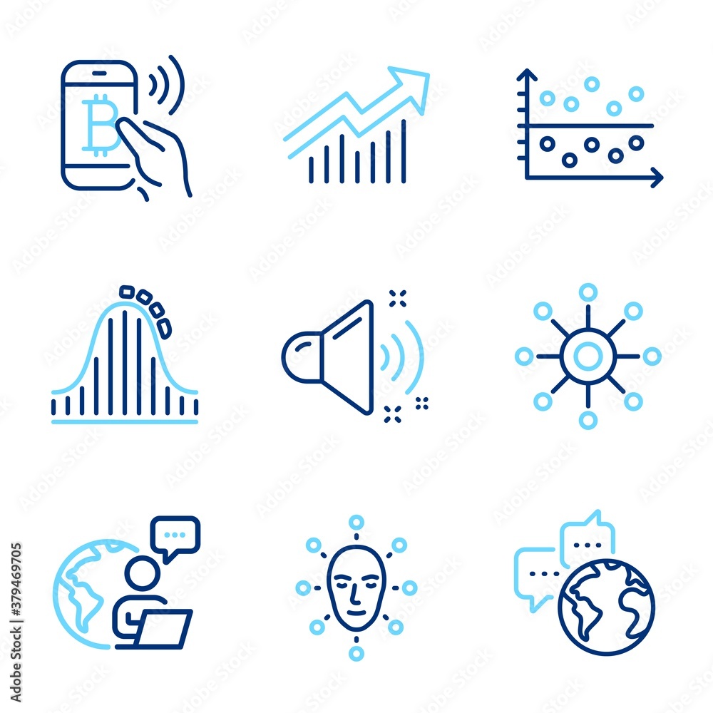 Technology icons set. Included icon as Multichannel, Demand curve, Dot plot signs. Bitcoin pay ...