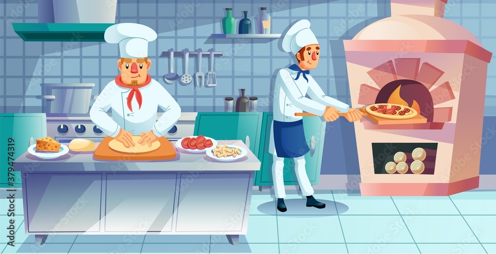 Restaurant team character engaged in traditional italian pizza ...