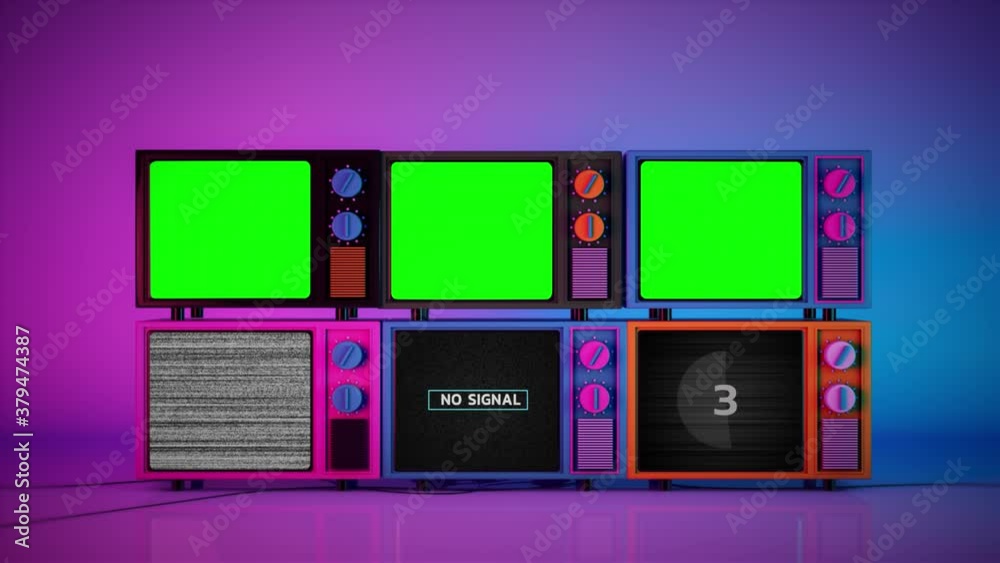 Video Stock Pile of colorful 3d televisions with no signal and blank ...