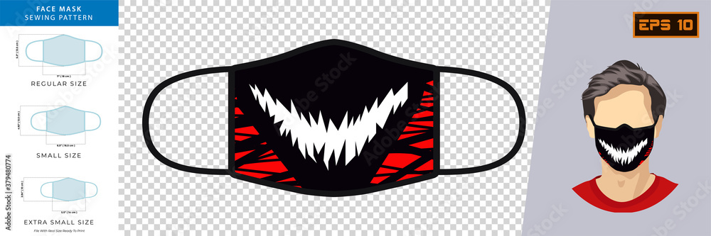 Vector graphic of party masks. A black and red monster sharp teeth ...