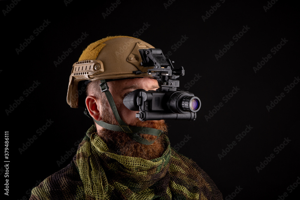 Night vision device attached to the helmet. A special device for ...