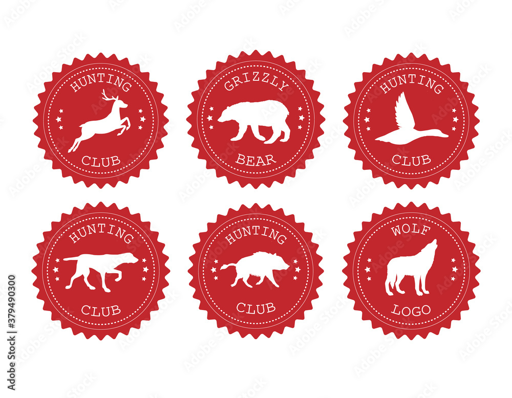 Vector set bundle of red colored flat retro round hunting logo with ...