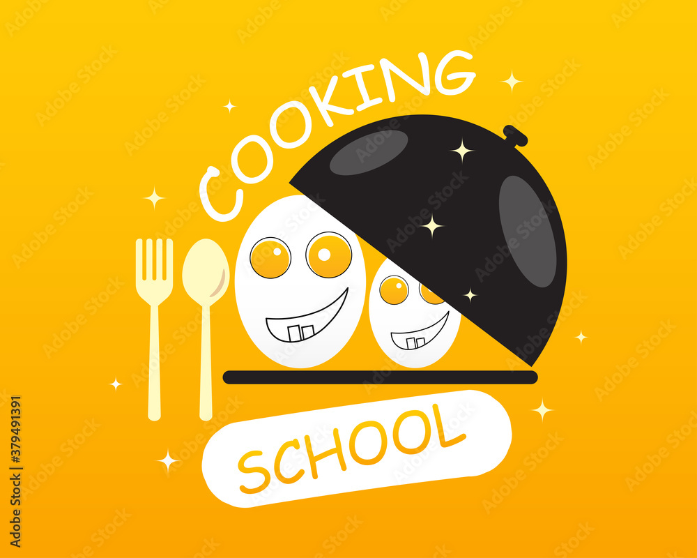 Cooking school logo or label with cartoon character, eggs. Vector ...