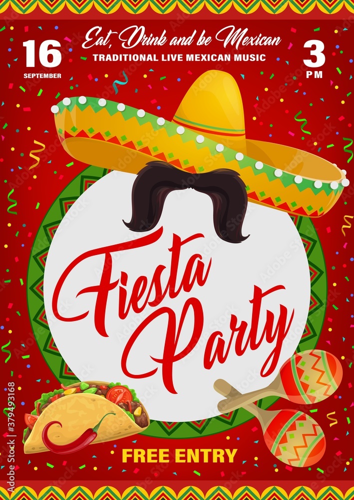 Fiesta party vector flyer with mexican symbols sombrero, mustaches and ...