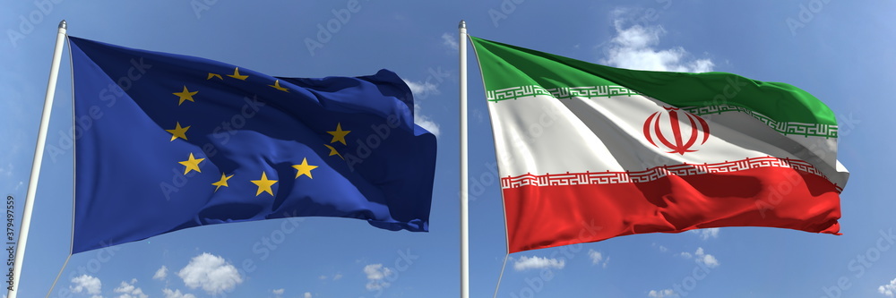 Flying flags of the European Union and Iran on high flagpoles. 3d ...