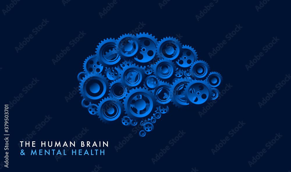 Complex human brain machine put together by cogwheels. Brain function ...