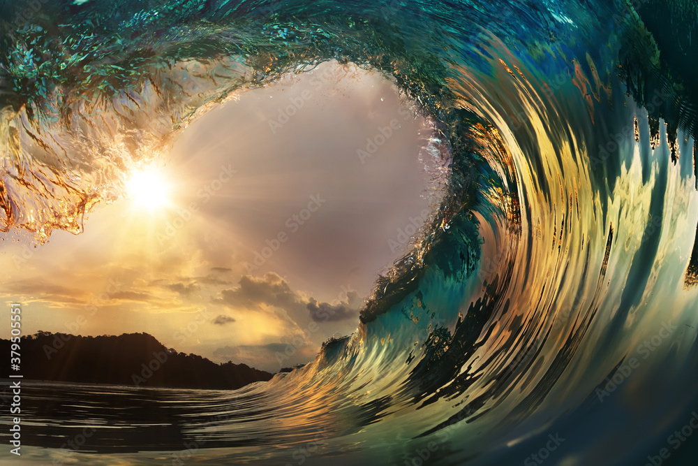 Beautiful ocean surfing wave at sunset beach Stock Photo | Adobe Stock