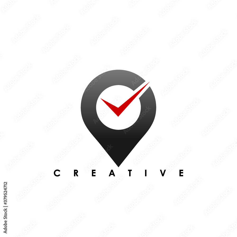 Check place logo - red tick mark and address pointer symbol. Position ...